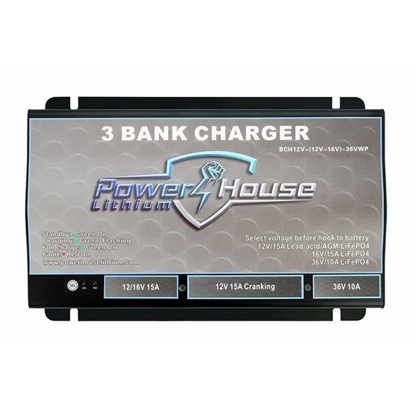 PowerHouse Lithium 12V-(12V/16V)-36V 3-Bank Waterproof Battery Charger ...